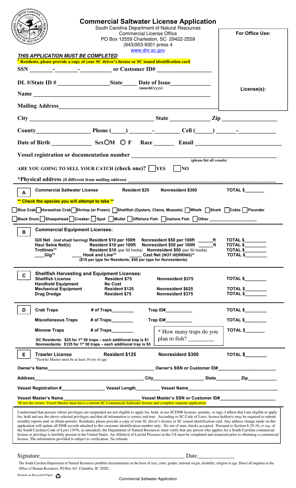 South Carolina Commercial Saltwater License Application - Fill Out ...