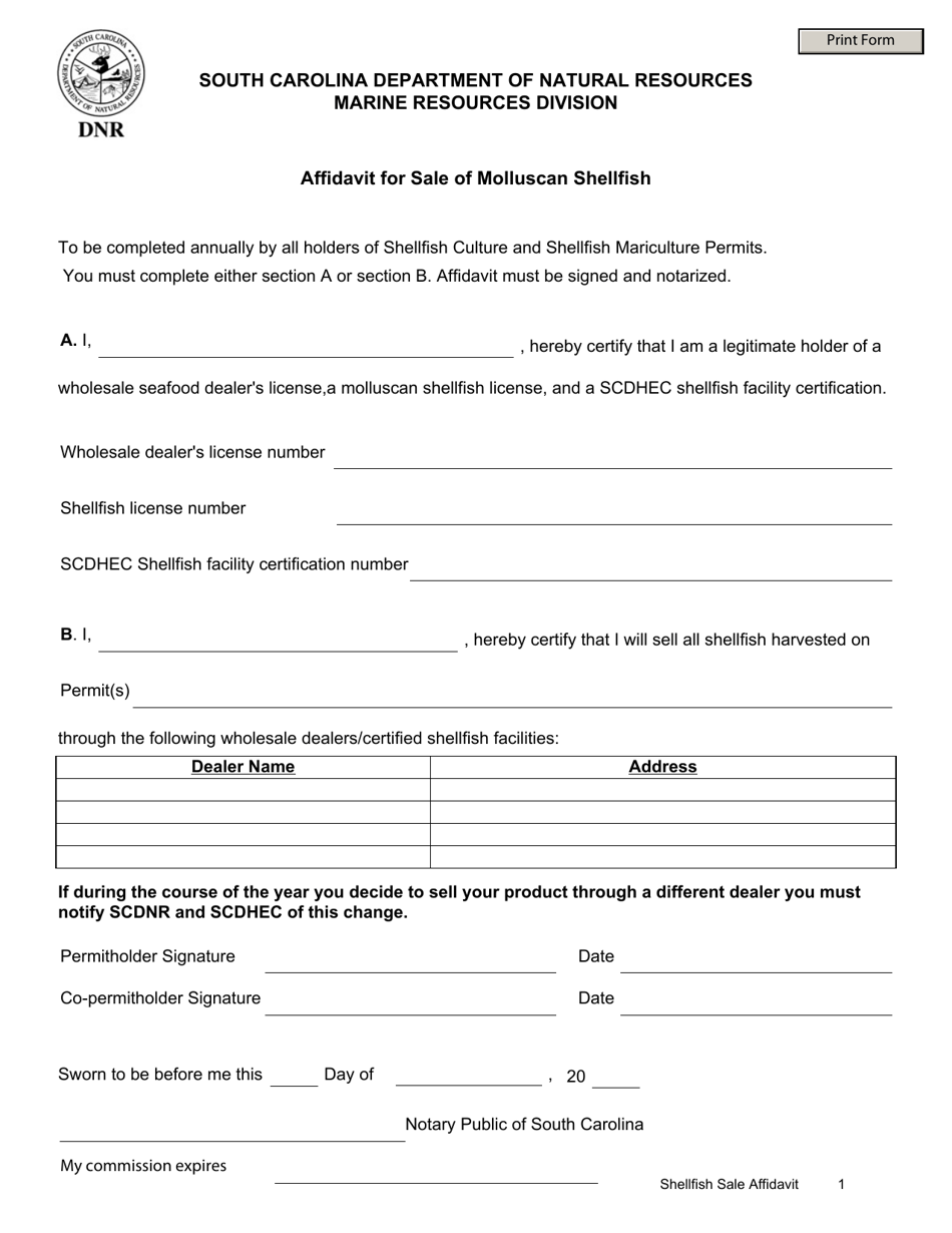 South Carolina Affidavit for Sale of Molluscan Shellfish - Fill Out ...