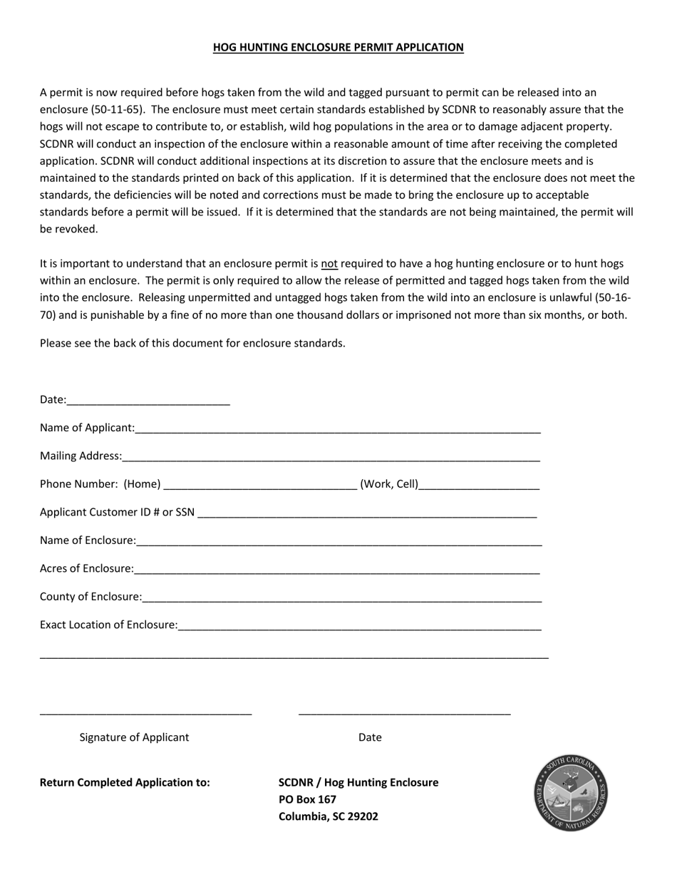 South Carolina Hog Hunting Enclosure Permit Application - Fill Out ...