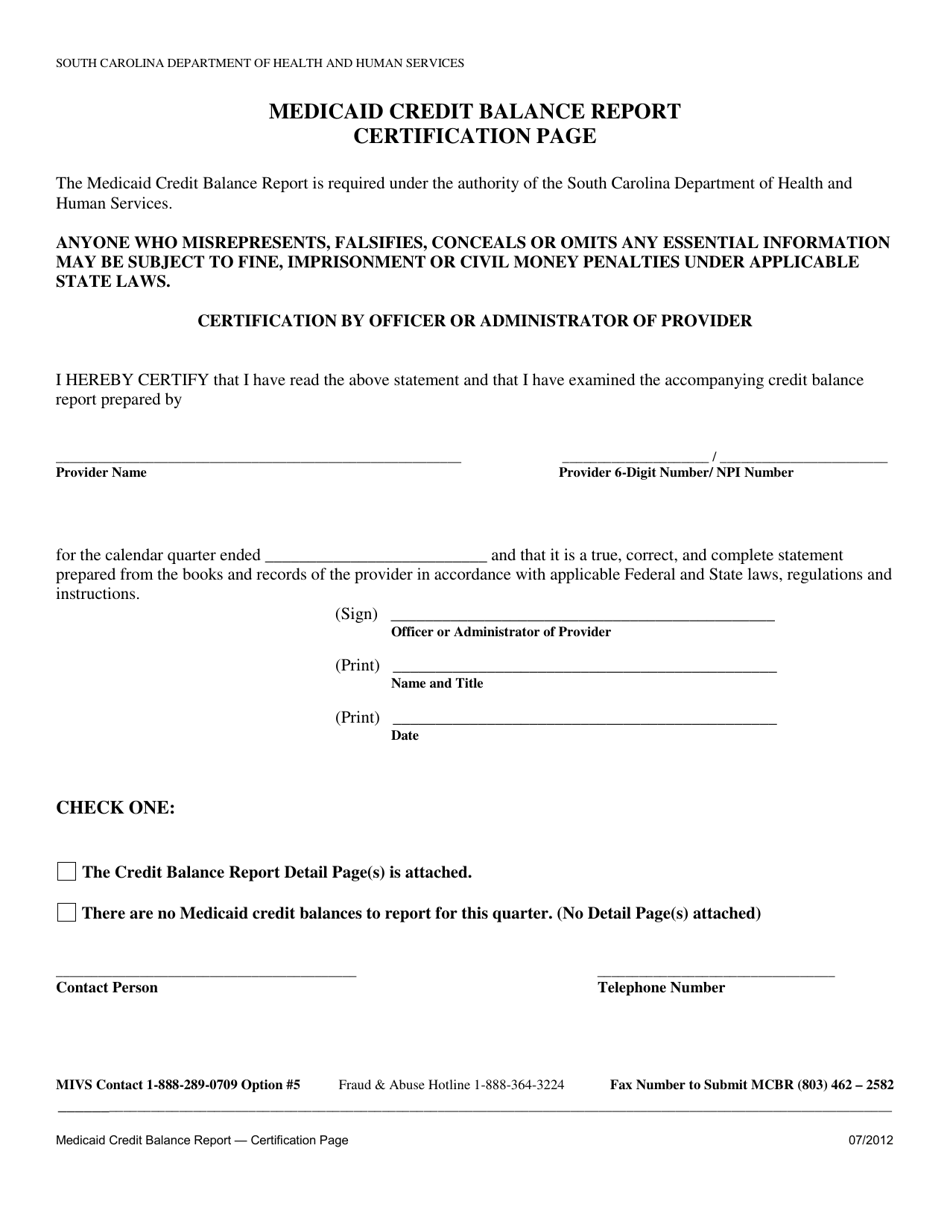 South Carolina Medicaid Credit Balance Report - Certification Page ...