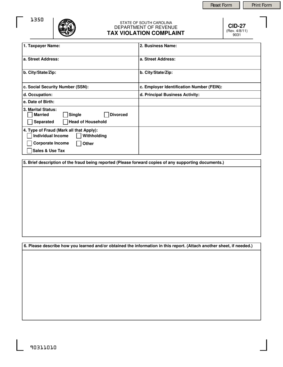 Form CID-27 - Fill Out, Sign Online and Download Fillable PDF, South ...