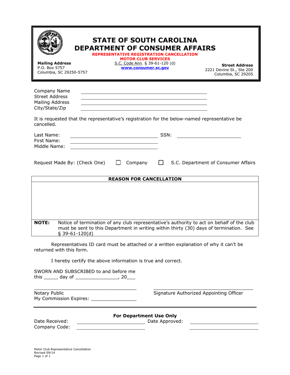 South Carolina Representative Registration Cancellation - Motor Club ...