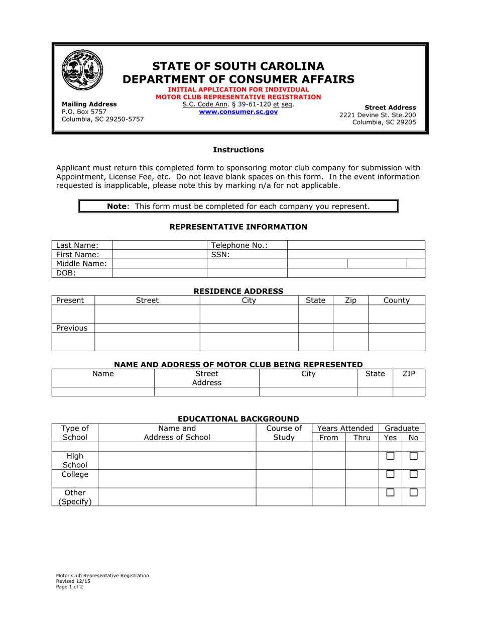 South Carolina Initial Application for Individual Motor Club ...