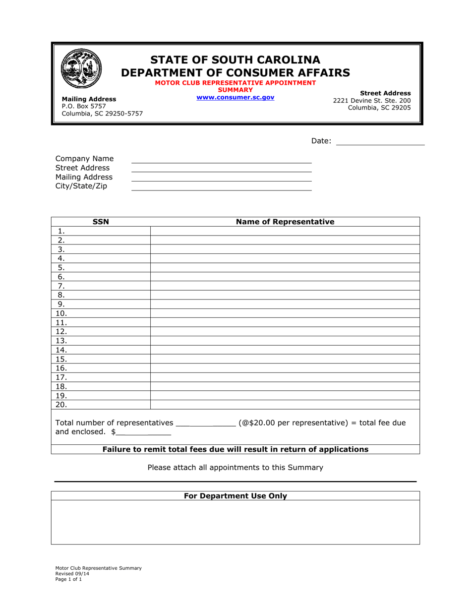 South Carolina Motor Club Representative Appointment Summary - Fill Out ...