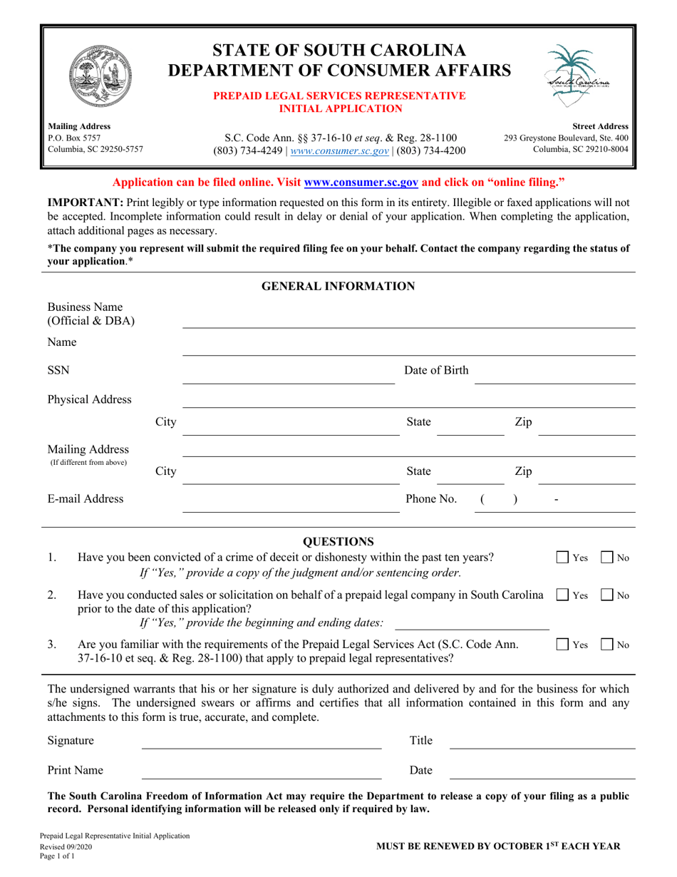 South Carolina Prepaid Legal Services Representative Initial ...