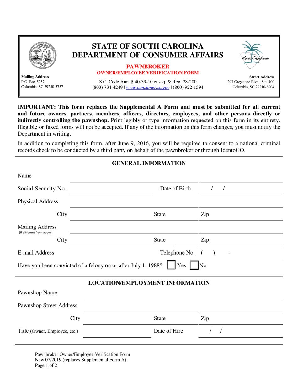 South Carolina Pawnbroker Owner/Employee Verification Form - Fill Out ...
