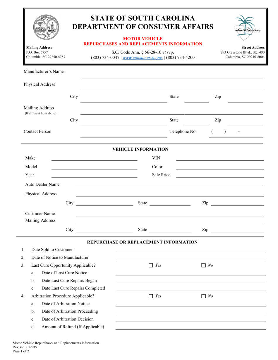 South Carolina Motor Vehicle Repurchases and Replacements Information ...