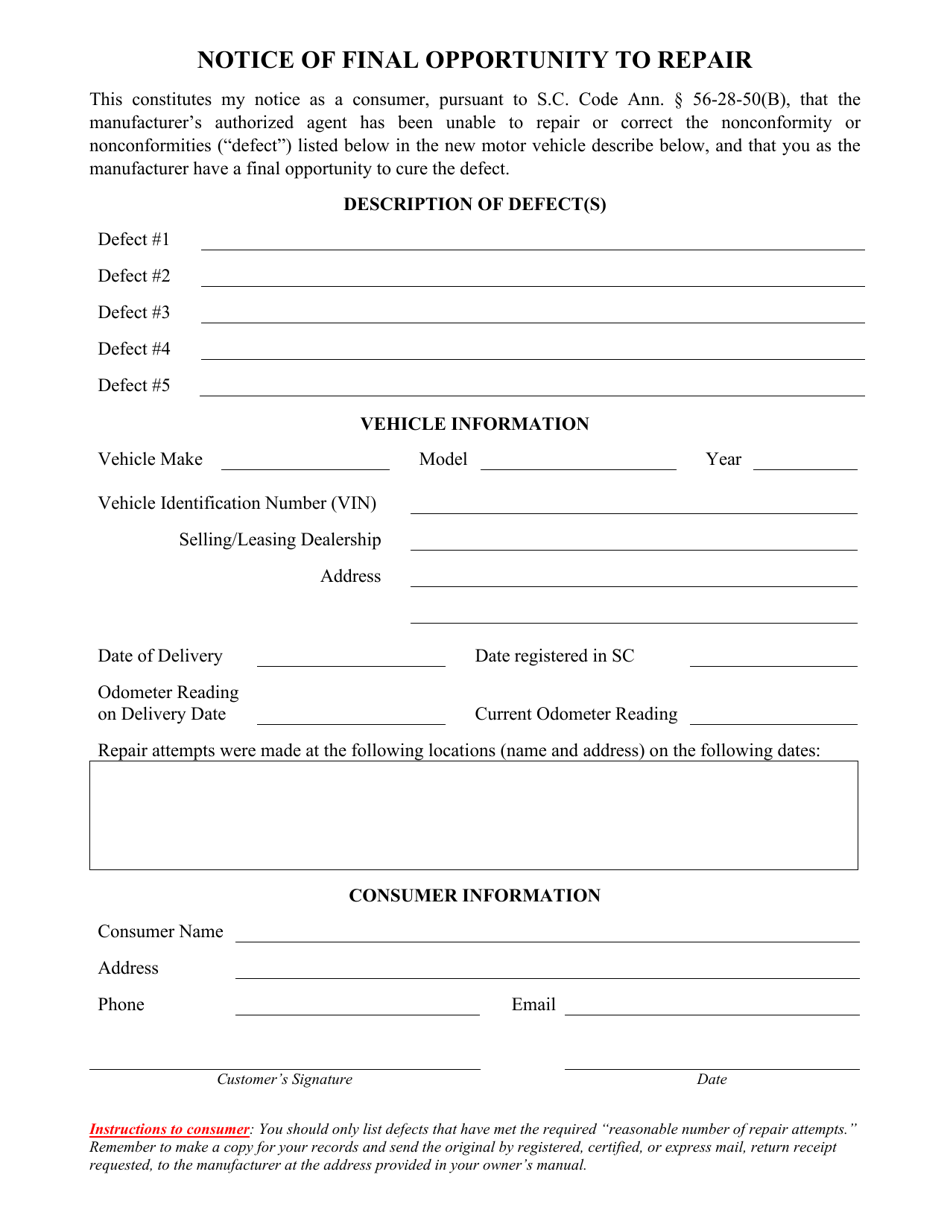 South Carolina Notice of Final Opportunity to Repair - Fill Out, Sign ...