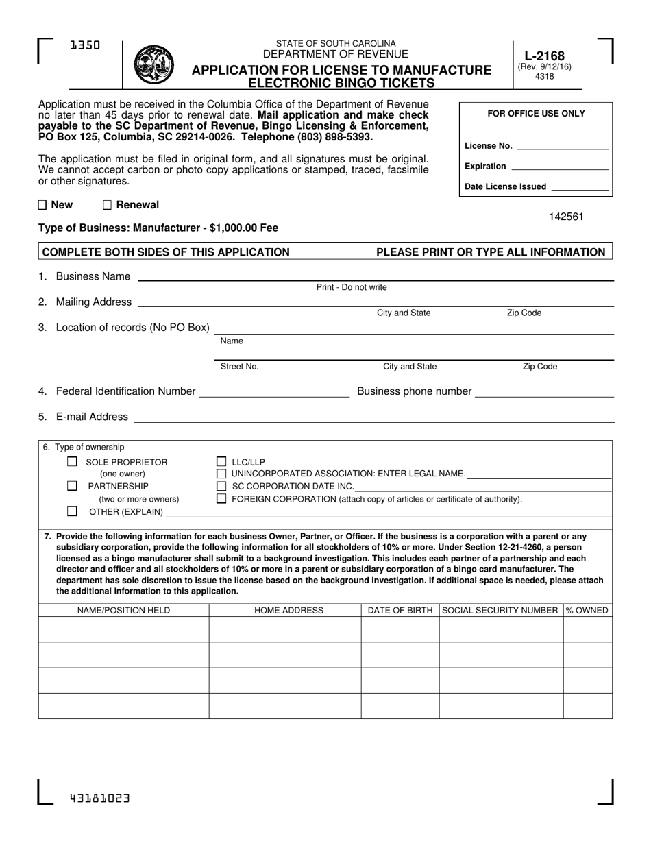 Form L-2168 - Fill Out, Sign Online and Download Printable PDF, South ...