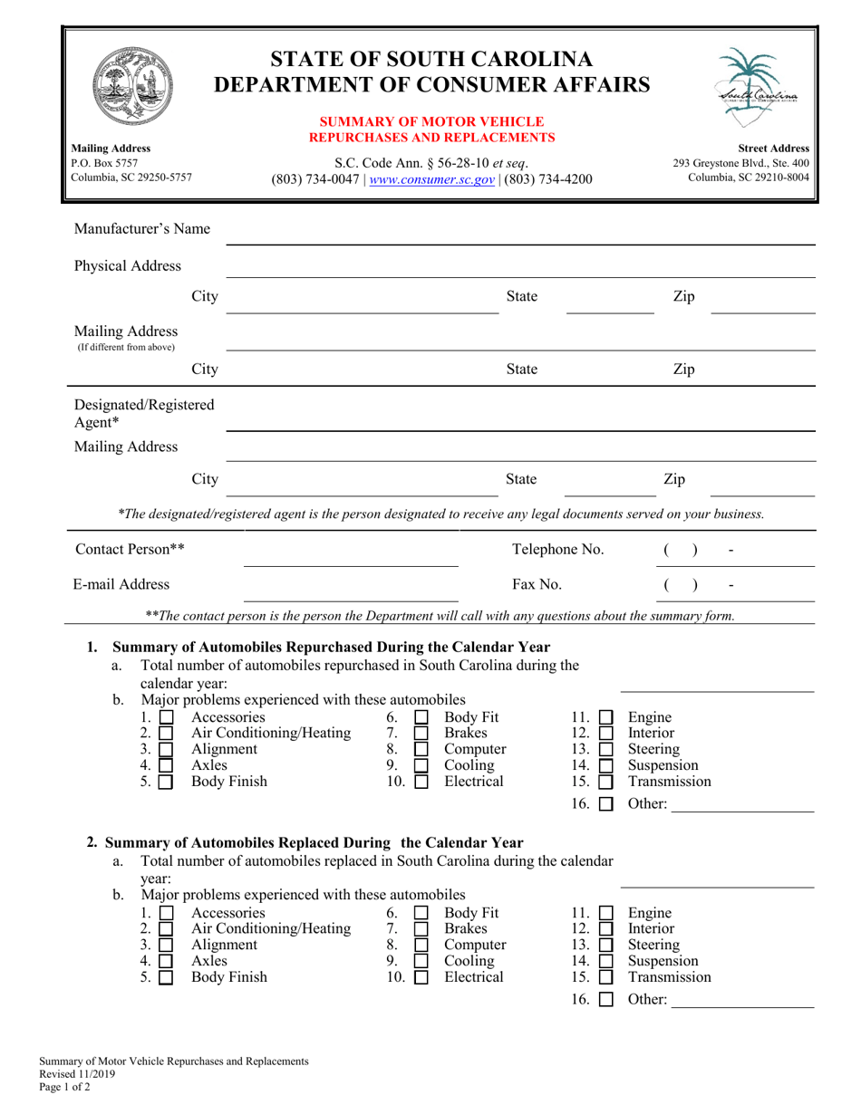 South Carolina Summary of Motor Vehicle - Repurchases and Replacements ...