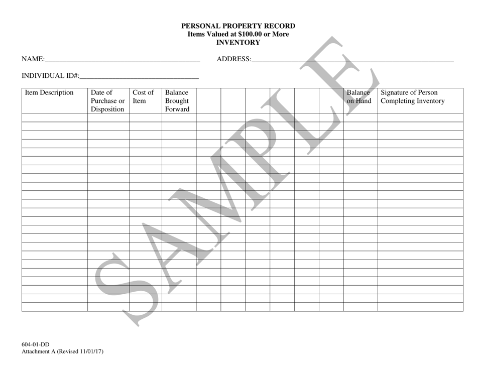 South Carolina Personal Property Record - Items Valued at $100.00 or ...