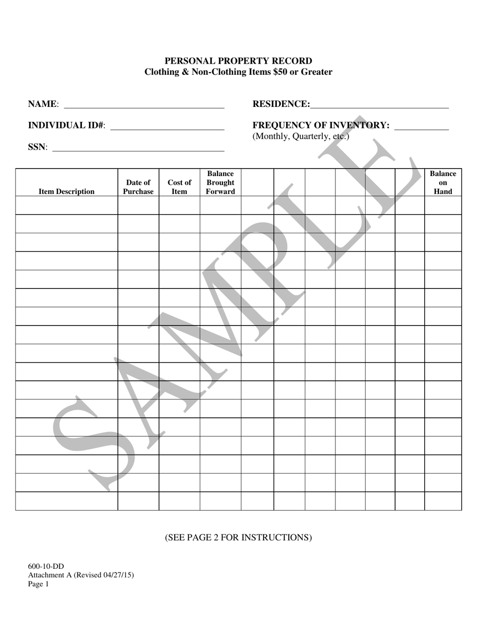 South Carolina Personal Property Record - Clothing & Non-clothing Items ...