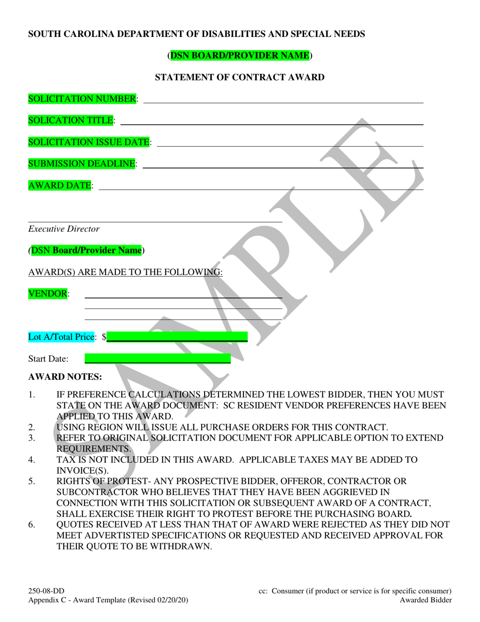 South Carolina Statement of Contract Award - Sample - Fill Out, Sign ...