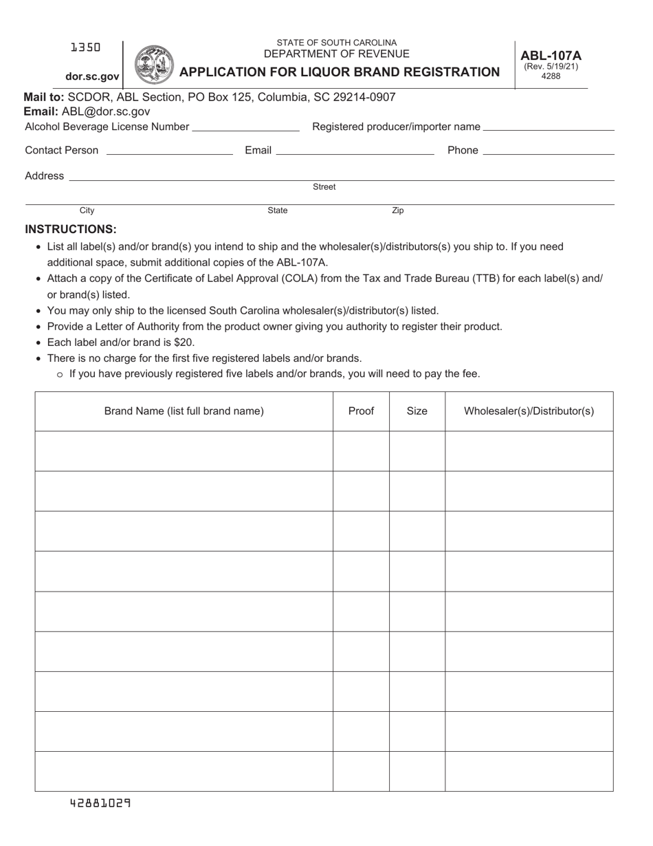 Form ABL-107A - Fill Out, Sign Online and Download Printable PDF, South Carolina | Templateroller