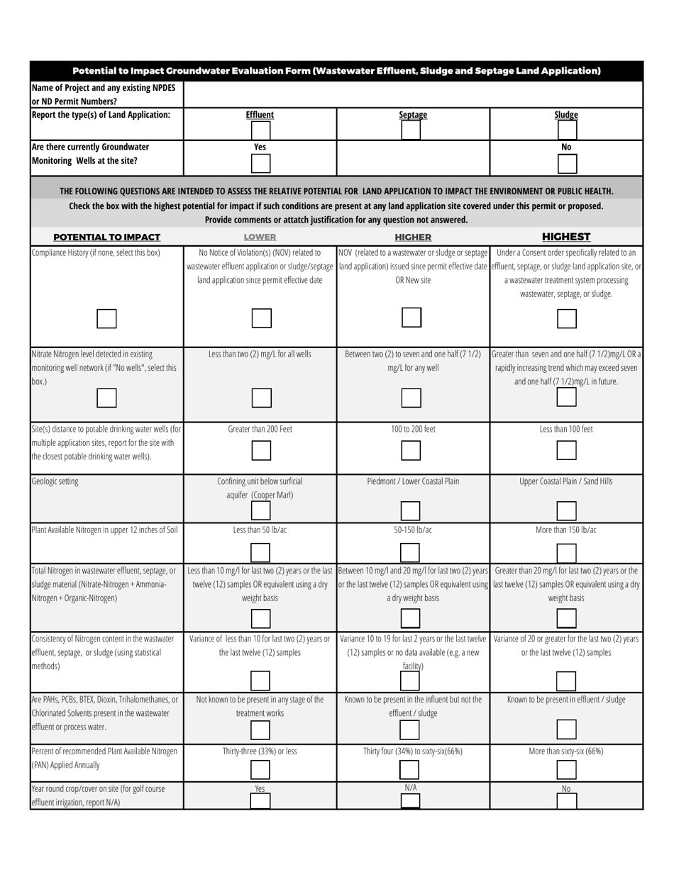 South Carolina Potential to Impact Groundwater Evaluation Form ...