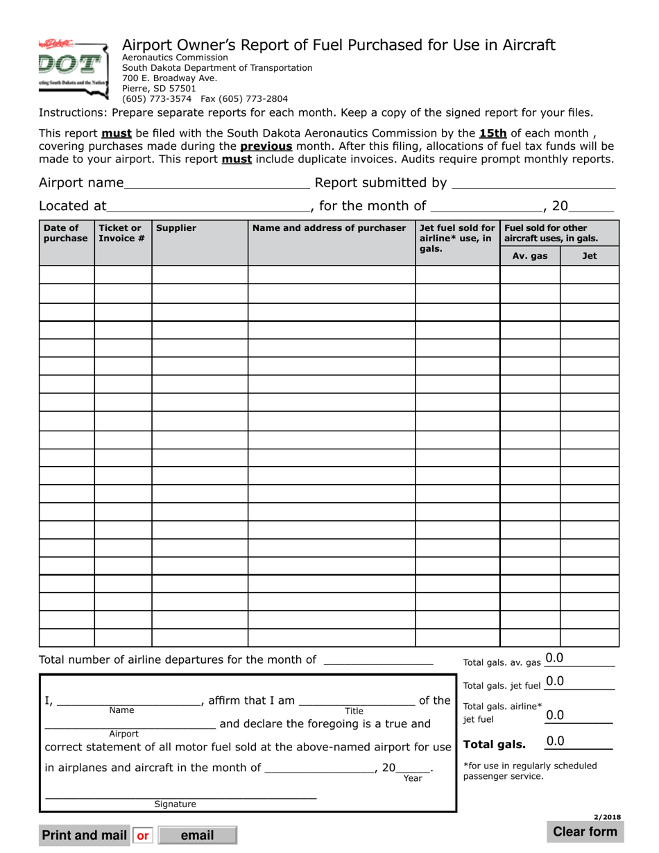 South Dakota Airport Owner's Report of Fuel Purchased for Use in ...