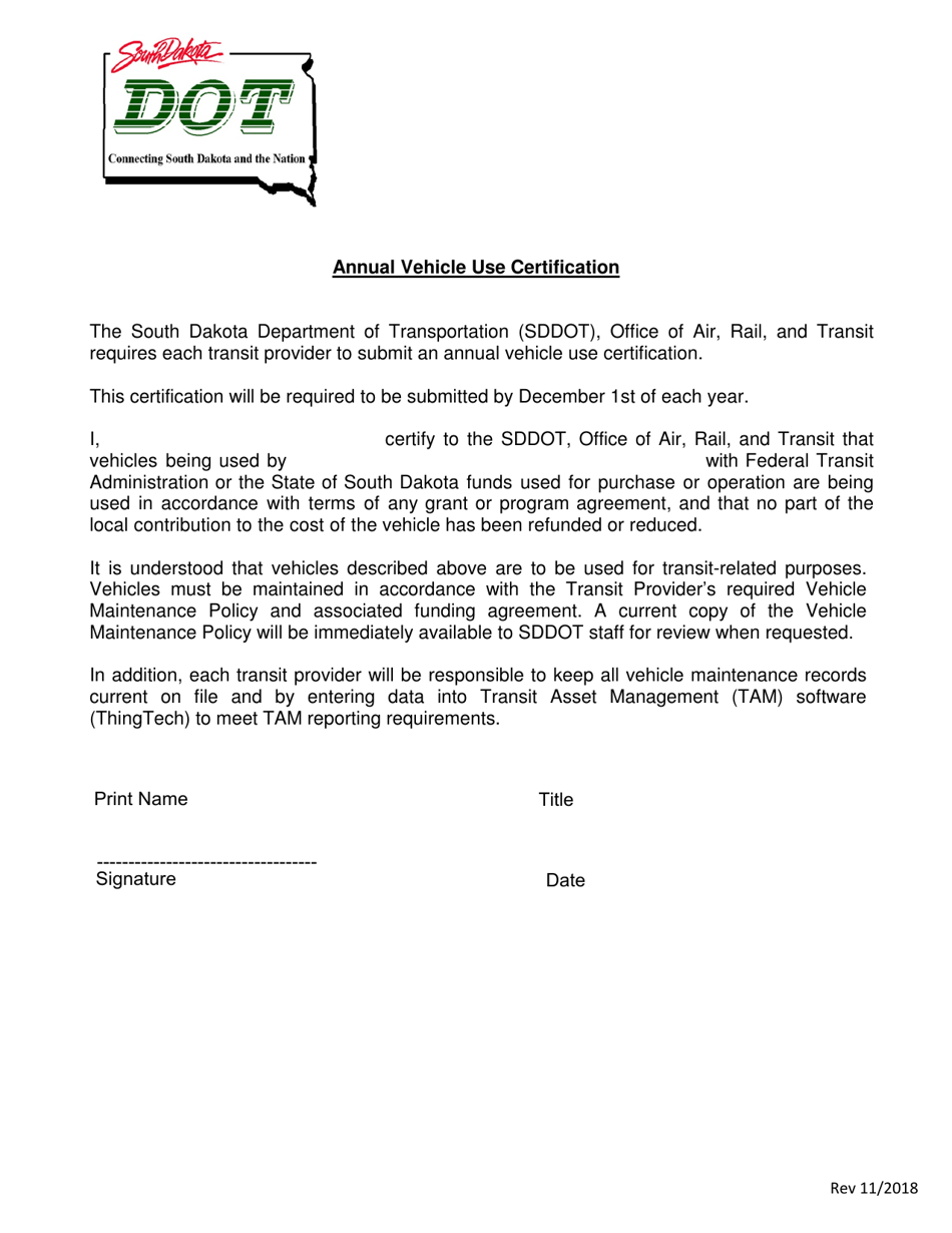 North Dakota Annual Vehicle Use Certification - Fill Out, Sign Online ...