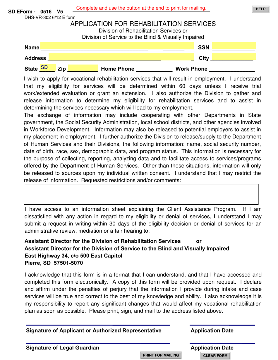 SD Form 0516 (DHS-VR-302) - Fill Out, Sign Online and Download Fillable ...