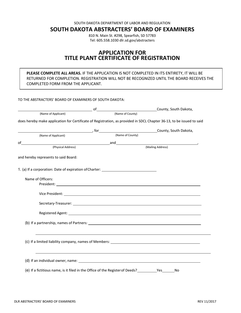 South Dakota Application for Title Plant Certificate of Registration ...