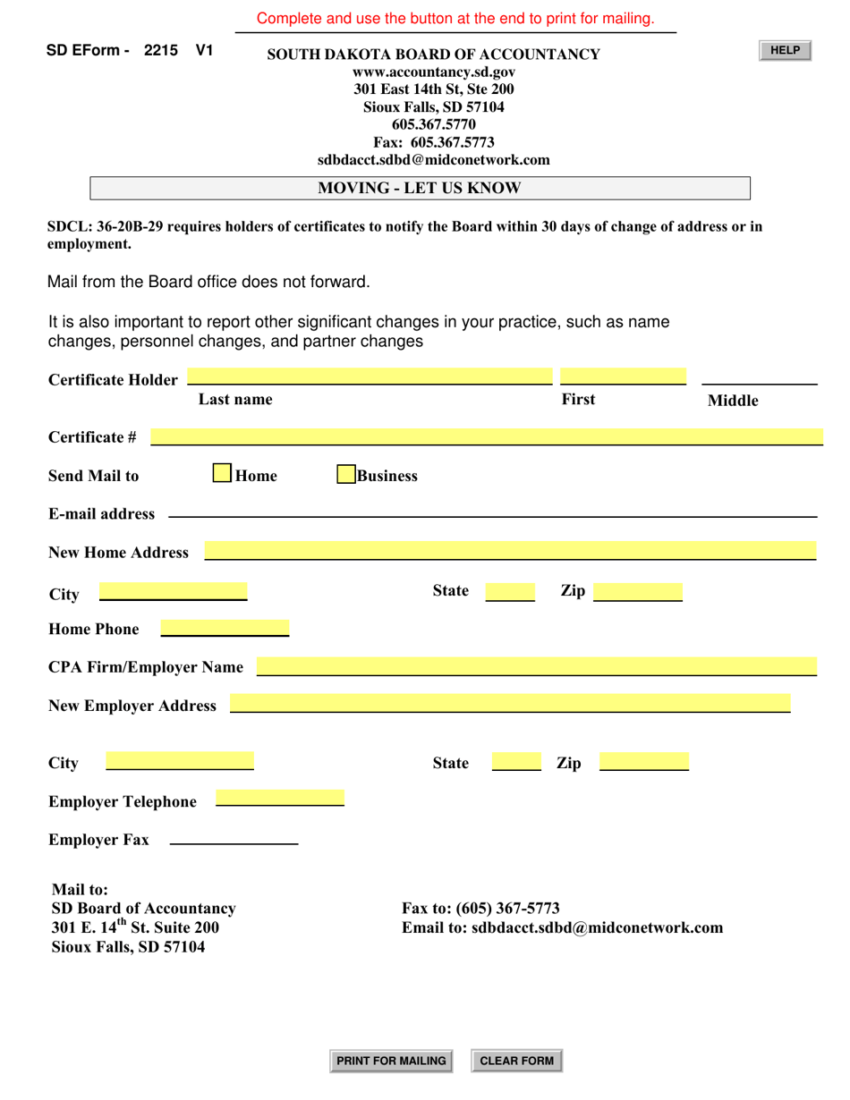 SD Form 2215 - Fill Out, Sign Online and Download Fillable PDF, South ...