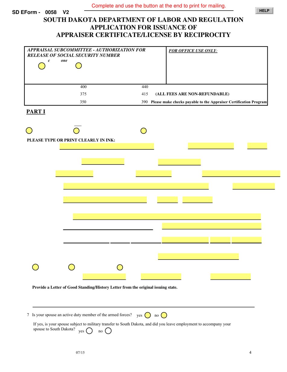 SD Form 0058 - Fill Out, Sign Online and Download Fillable PDF, South Dakota | Templateroller