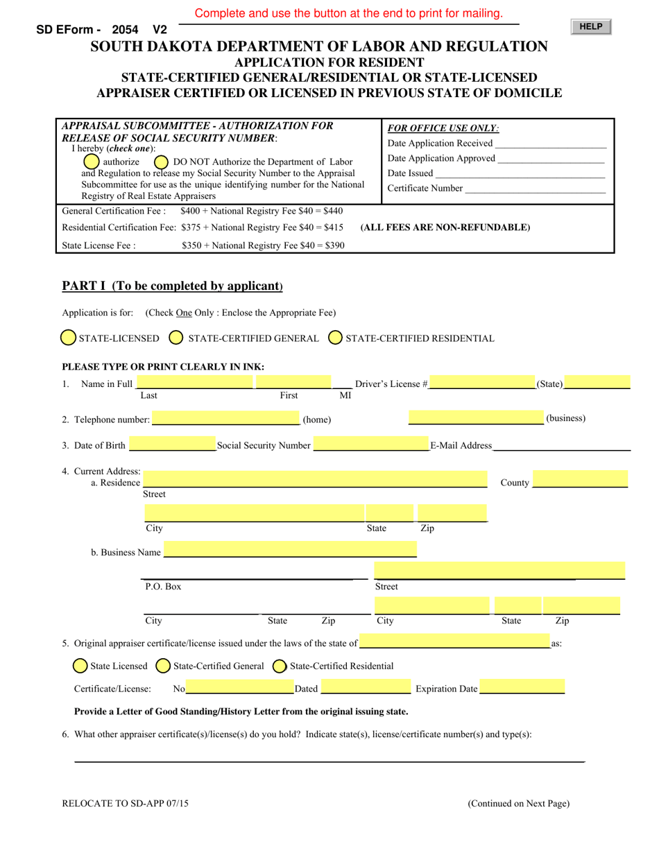 SD Form 2054 - Fill Out, Sign Online and Download Fillable PDF, South ...
