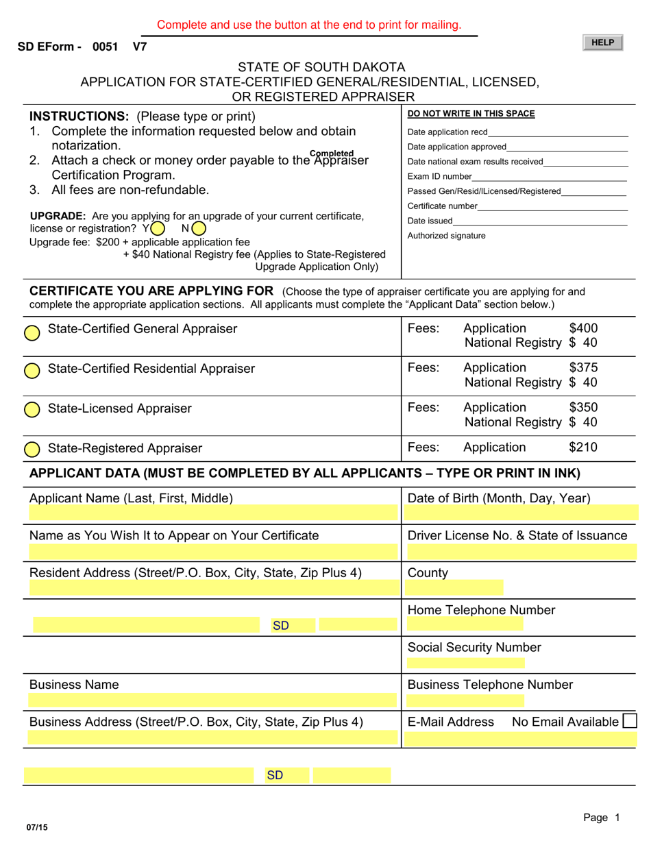 SD Form 0051 - Fill Out, Sign Online and Download Fillable PDF, South ...