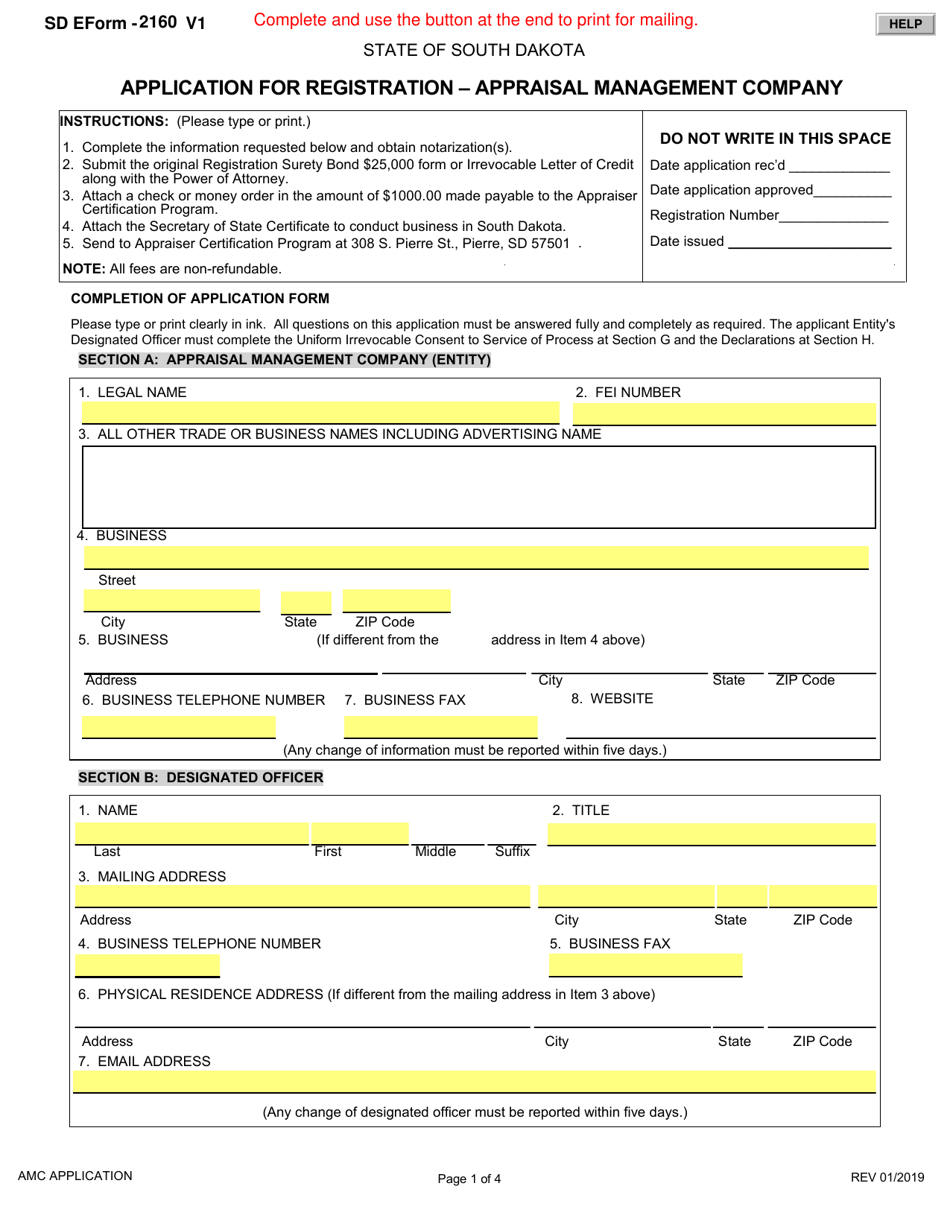 SD Form 2160 - Fill Out, Sign Online and Download Fillable PDF, South ...