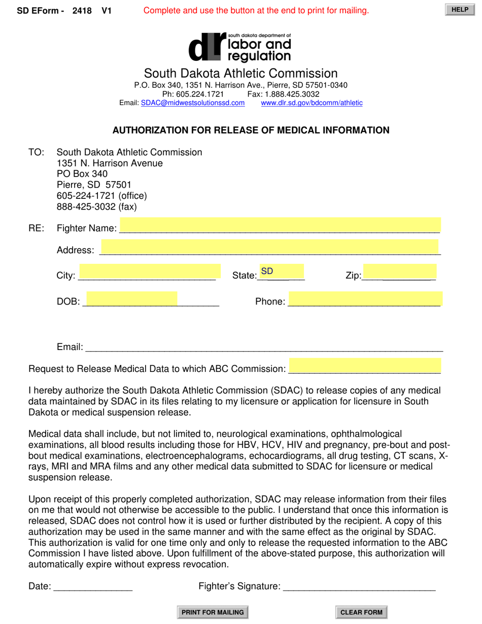 SD Form 2418 - Fill Out, Sign Online and Download Fillable PDF, South ...
