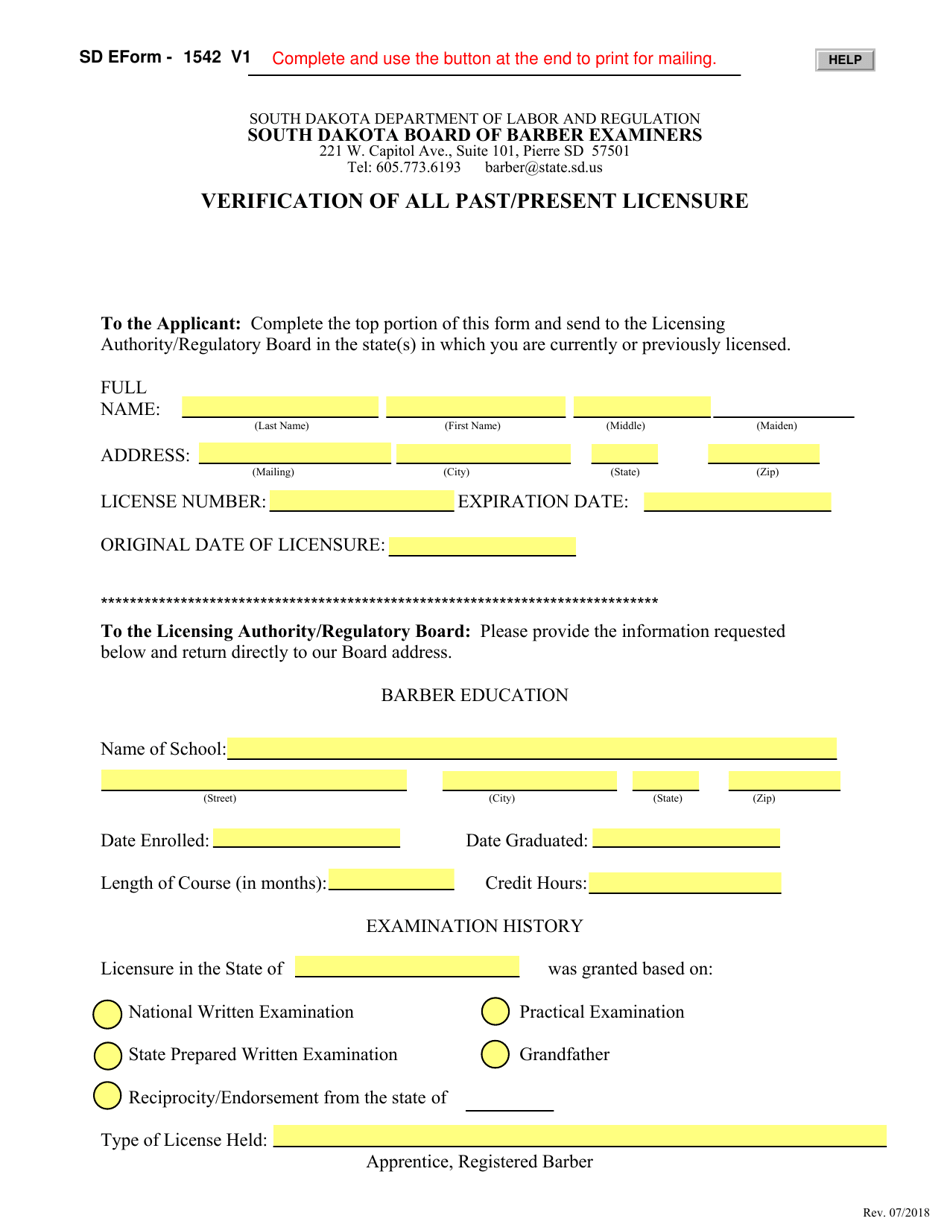 SD Form 1542 - Fill Out, Sign Online and Download Fillable PDF, South ...