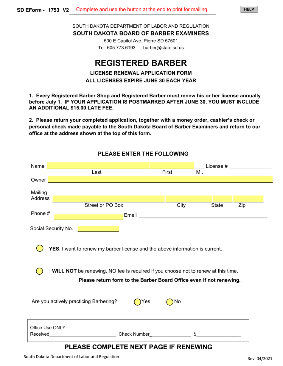 SD Form 1753 - Fill Out, Sign Online and Download Fillable PDF, South ...