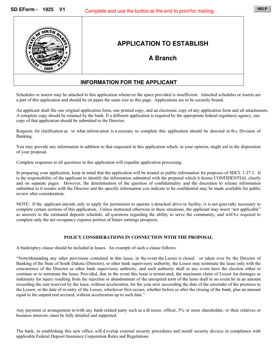 SD Form 1925 - Fill Out, Sign Online and Download Fillable PDF, South ...