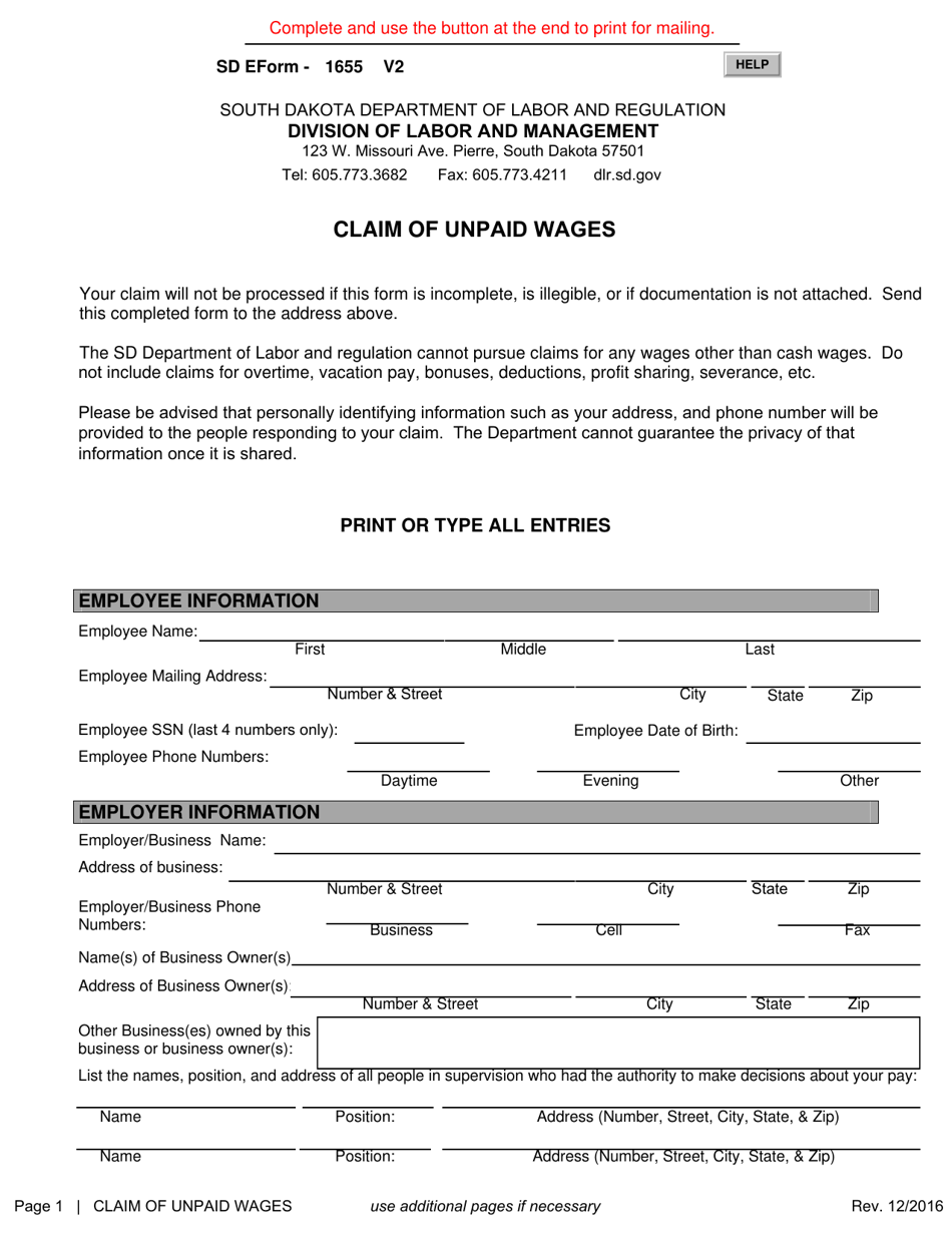 SD Form 1655 - Fill Out, Sign Online and Download Fillable PDF, South ...