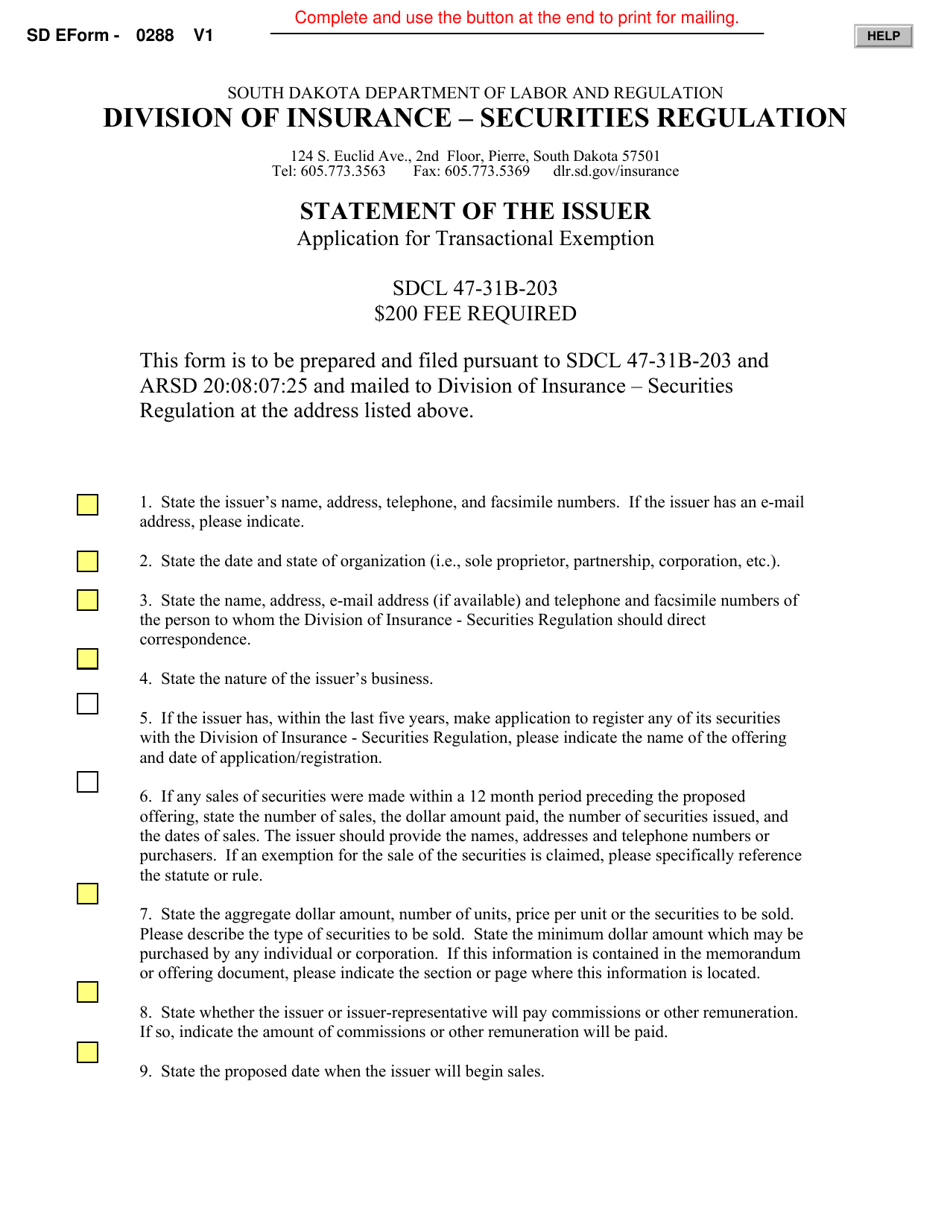 SD Form 0288 - Fill Out, Sign Online and Download Fillable PDF, South ...