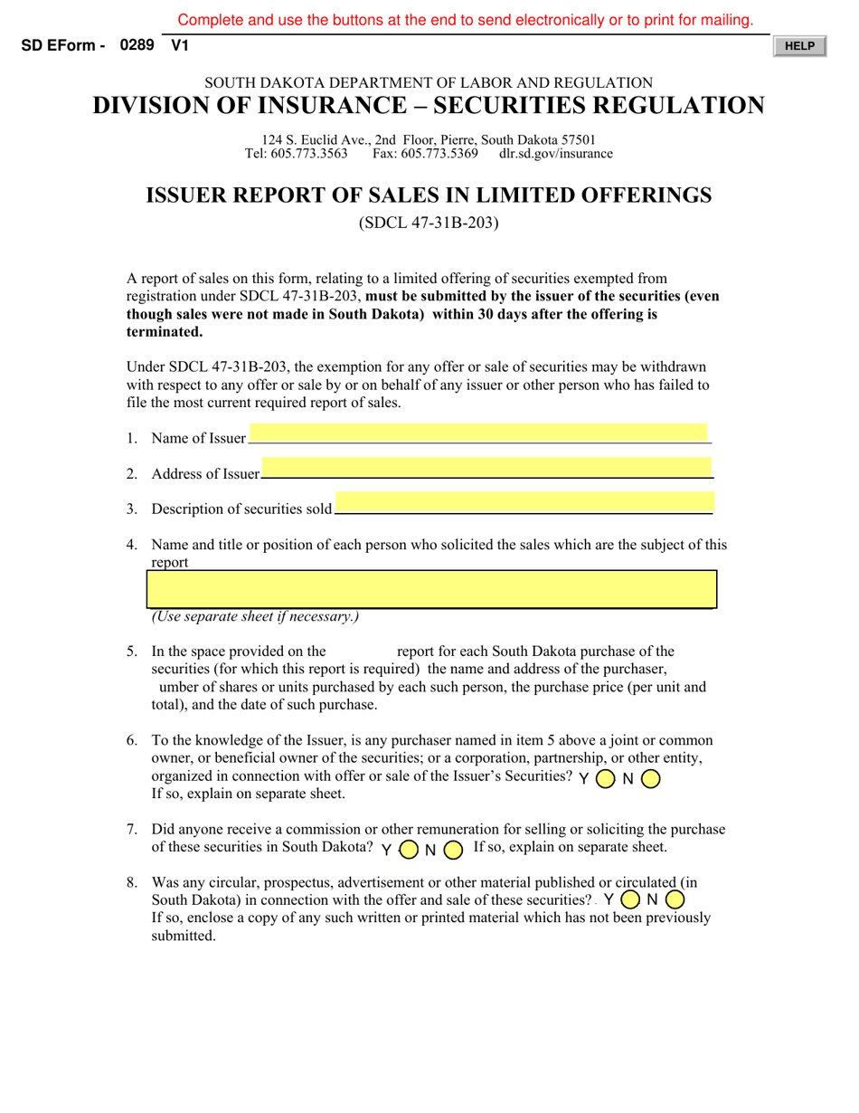 SD Form 0289 - Fill Out, Sign Online and Download Fillable PDF, South ...