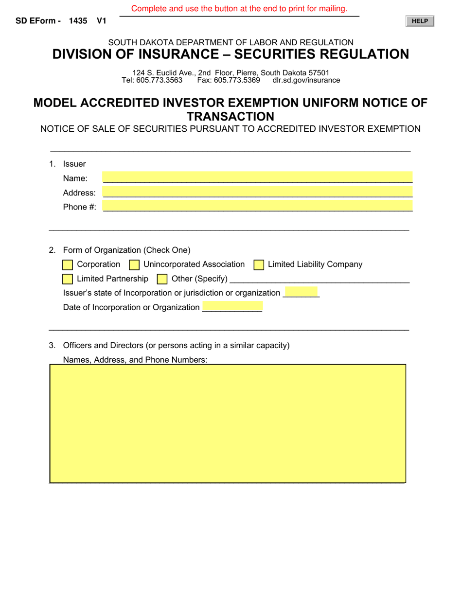 SD Form 1435 - Fill Out, Sign Online and Download Fillable PDF, South ...