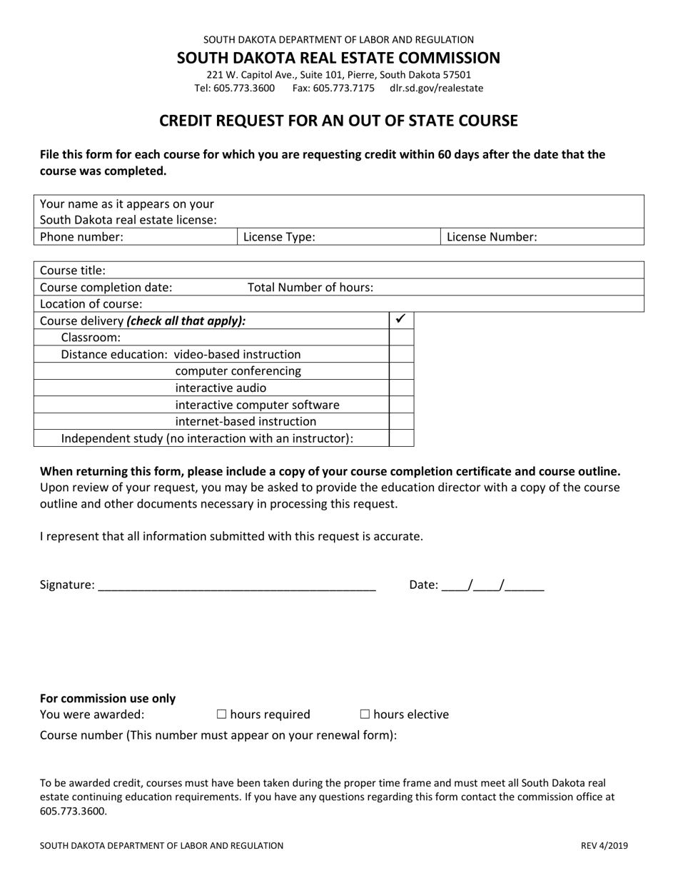 South Dakota Credit Request for an out of State Course - Fill Out, Sign ...