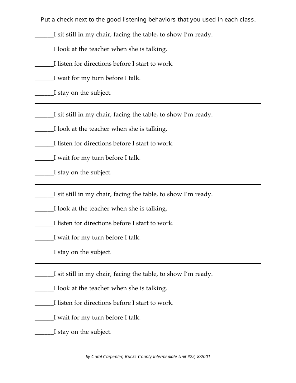 Good Listening Behaviors Self Check Template - Carol Carpenter Download ...