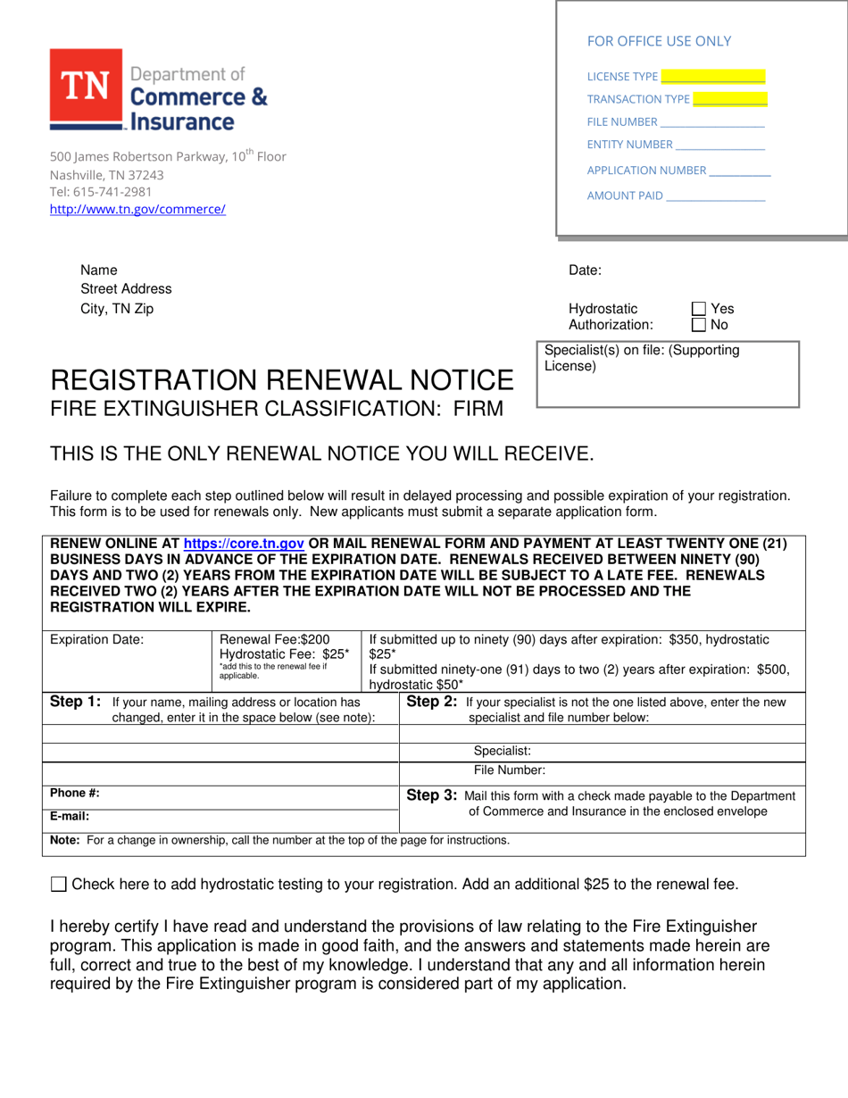 Tennessee Registration Renewal Notice - Fire Extinguisher ...
