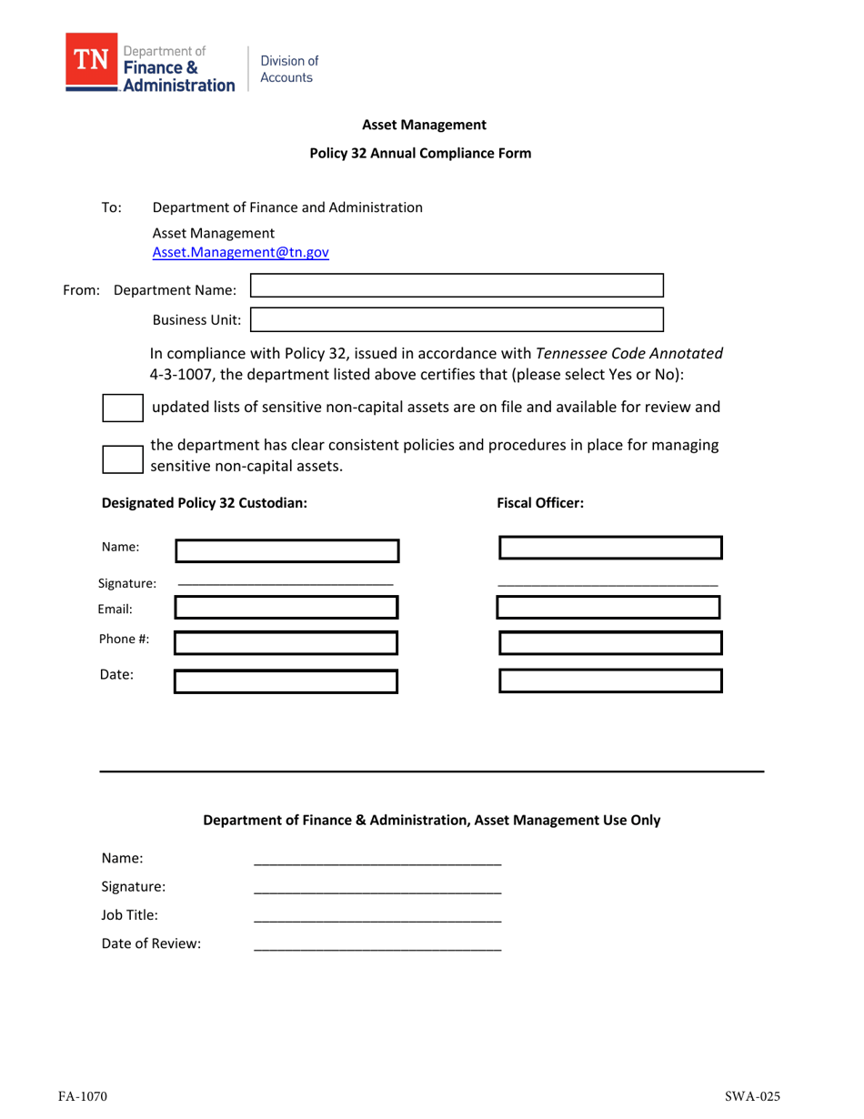 Form FA-1070 - Fill Out, Sign Online and Download Fillable PDF ...