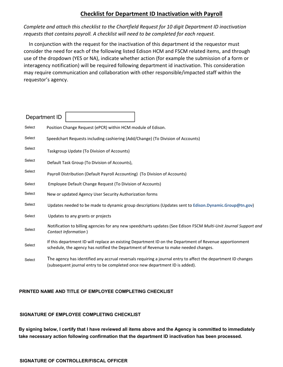 Tennessee Checklist for Department Id Inactivation With Payroll - Fill ...