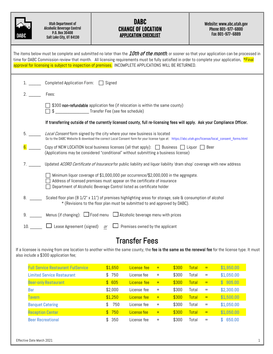 Utah Retail License Change of Location Application Download Printable ...