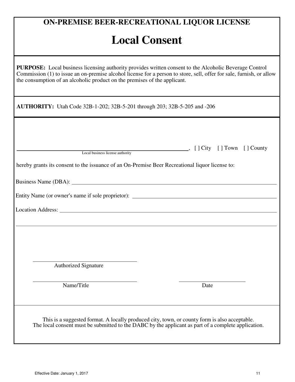 Utah On-Premise Beer-Recreational Liquor License Local Consent - Fill ...