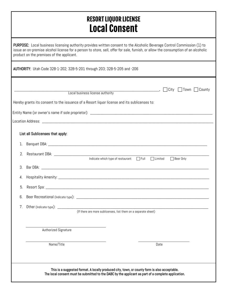 Utah Resort Liquor License Local Consent - Fill Out, Sign Online and ...
