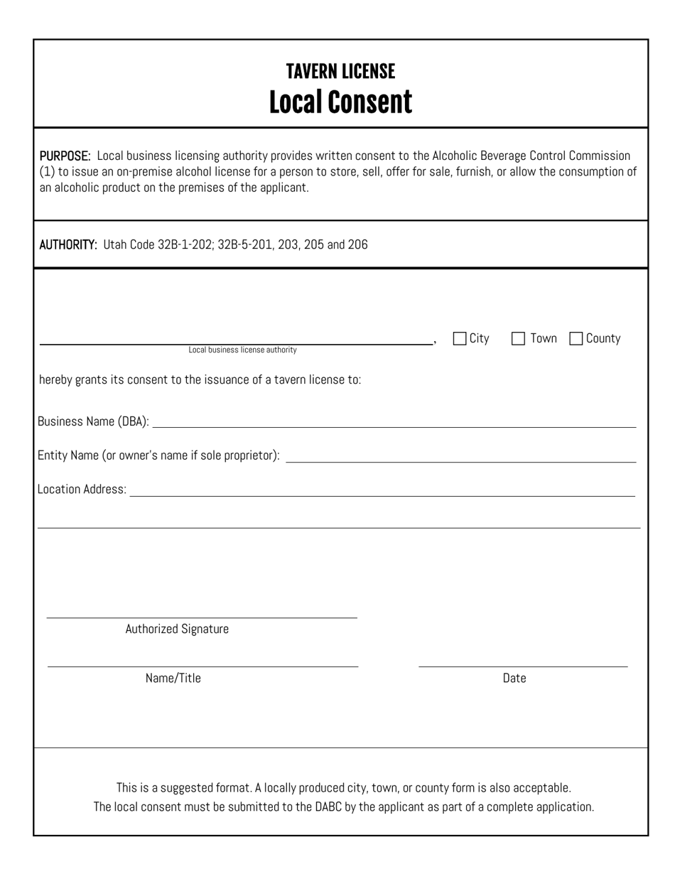 Utah Tavern License Local Consent - Fill Out, Sign Online and Download ...