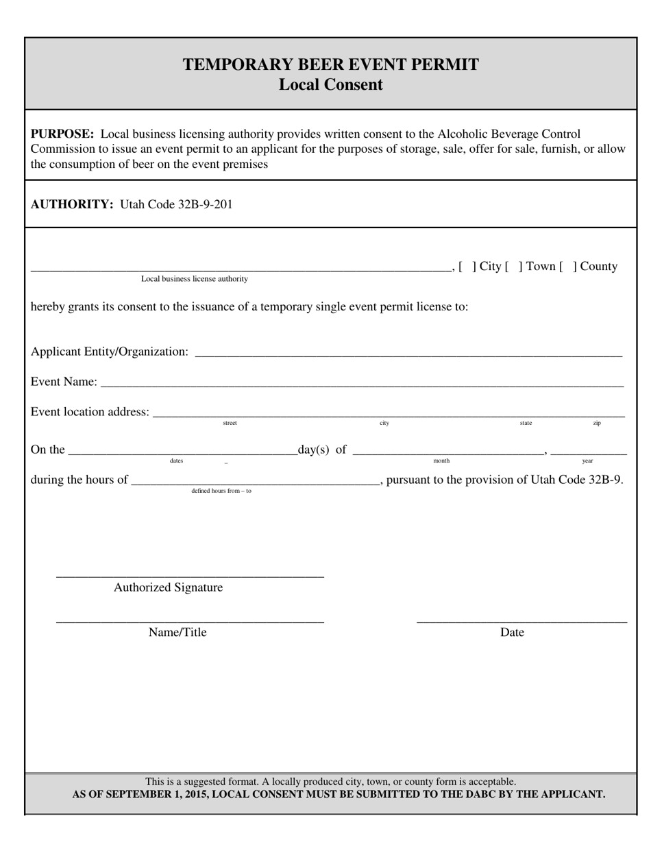 Utah Temporary Beer Event Permit Local Consent - Fill Out, Sign Online ...