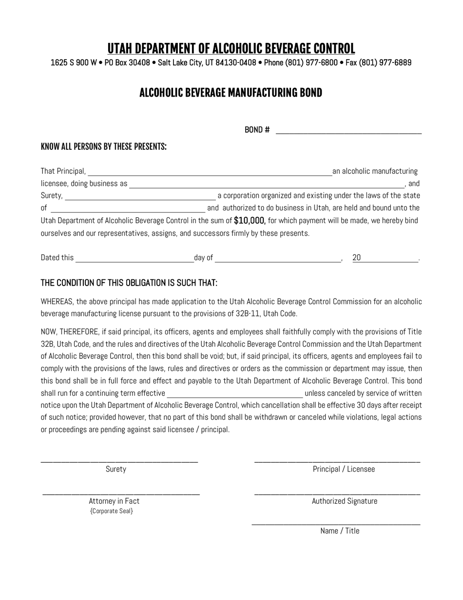 Utah Alcoholic Beverage Manufacturing Bond - Fill Out, Sign Online and ...