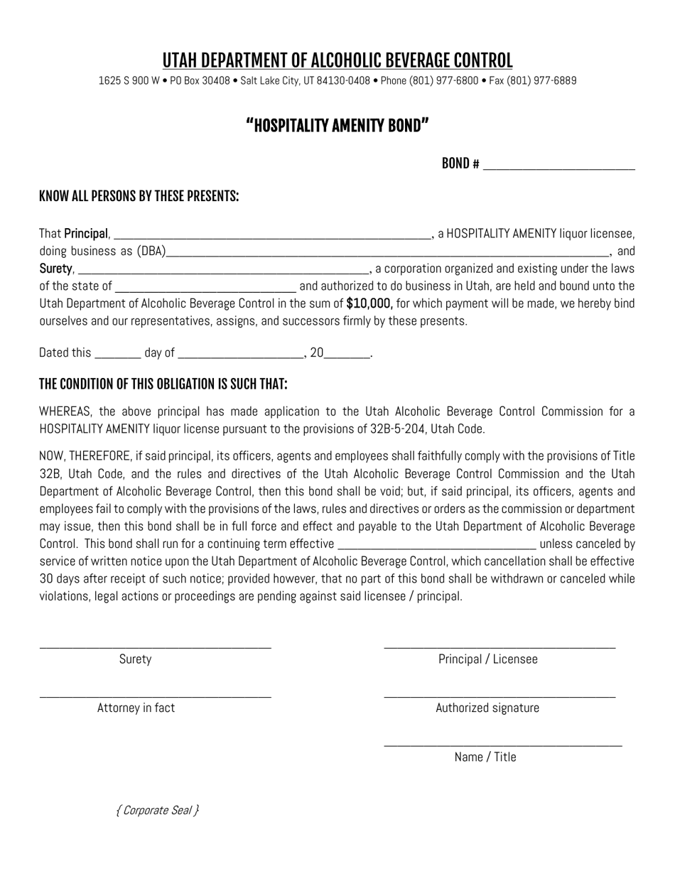 Utah Hospitality Amenity Bond - Fill Out, Sign Online and Download PDF ...