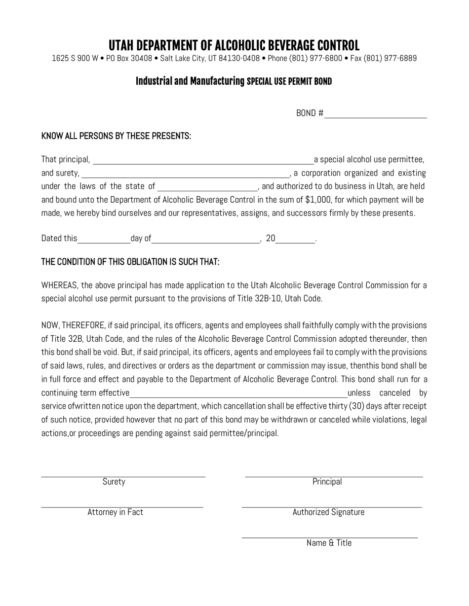 Utah Industrial and Manufacturing Special Use Permit Bond - Fill Out ...