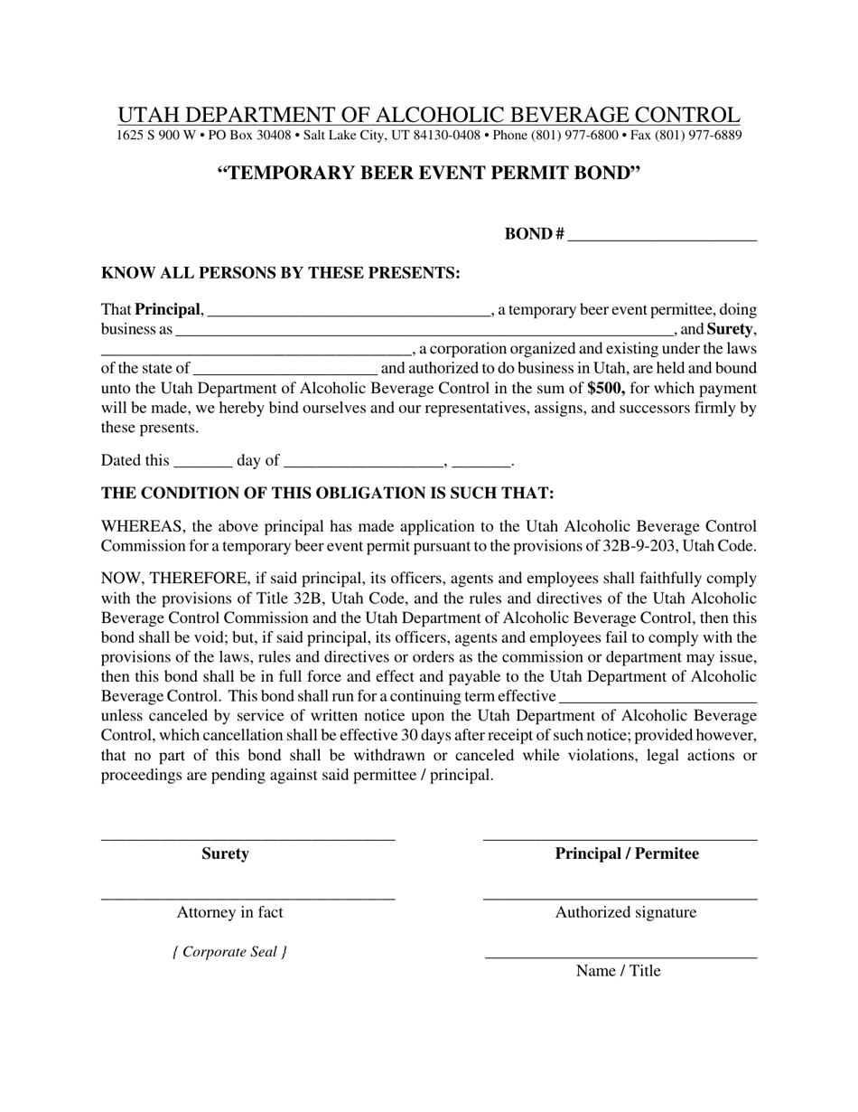 Utah Temporary Beer Event Permit Bond - Fill Out, Sign Online and ...